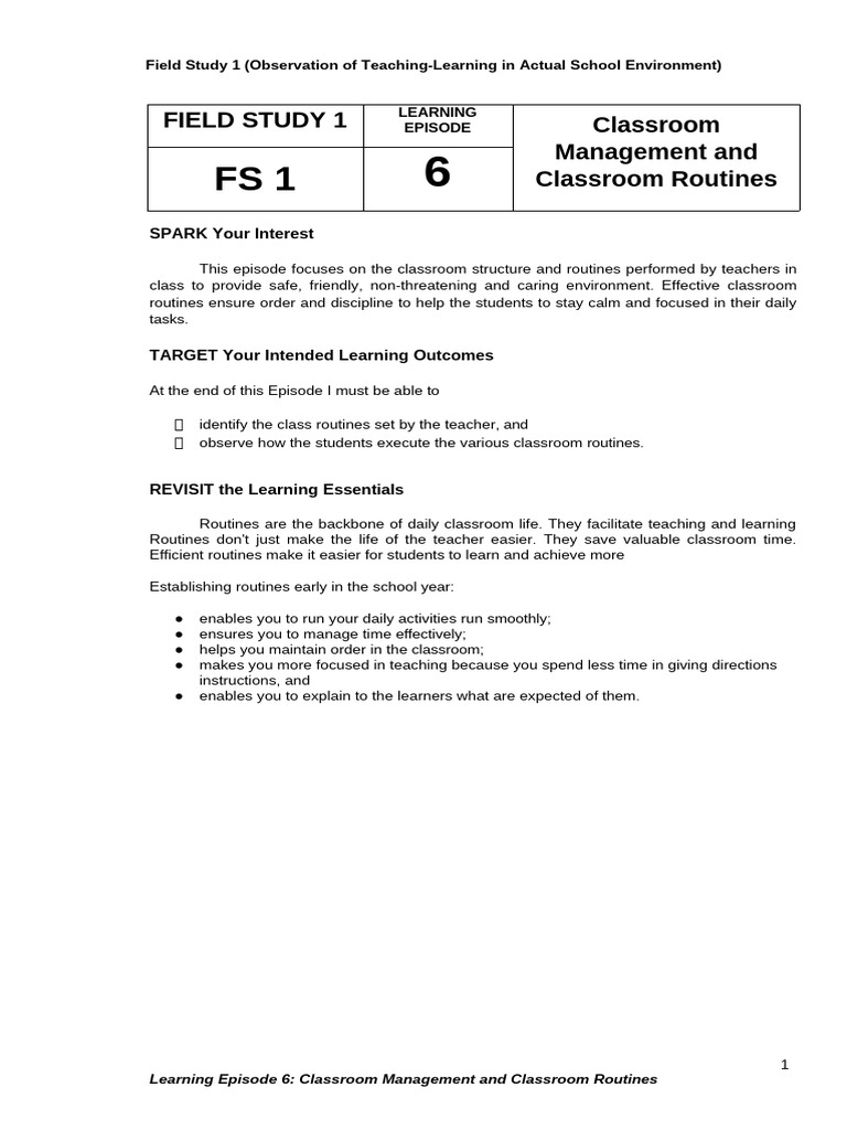 EP6 - FS1 - Classroom Management and Classroom Routines - Docx 1 | PDF ...