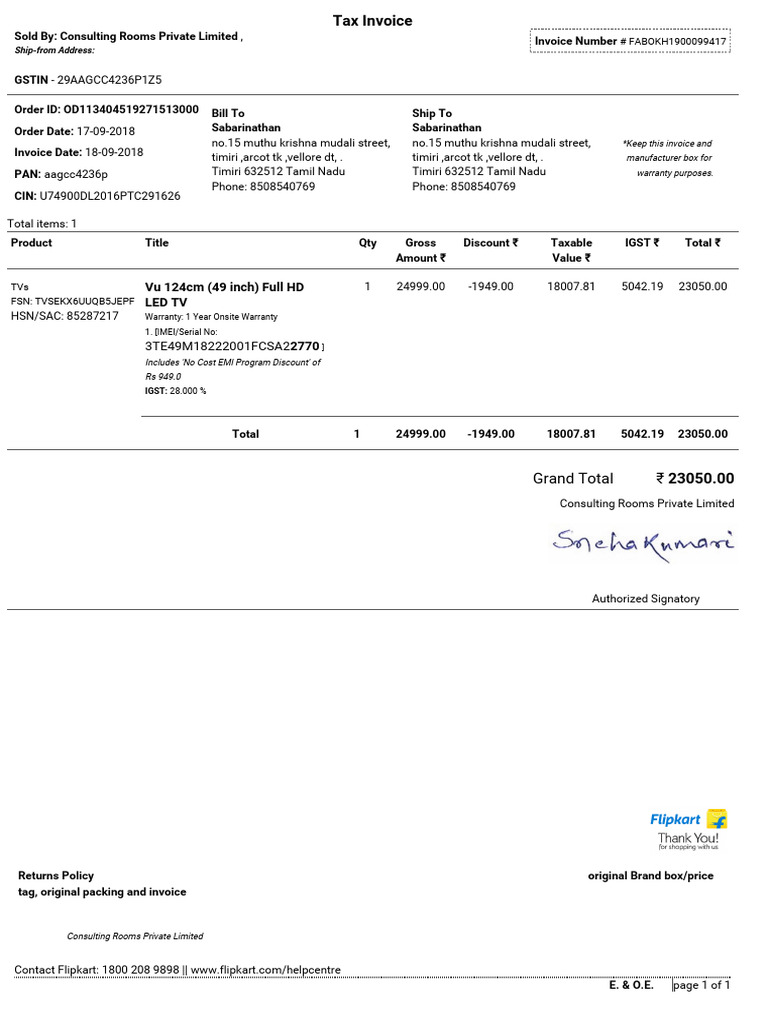 Invoice for Vu 49" Full HD LED TV | PDF | Taxes | Government Finances