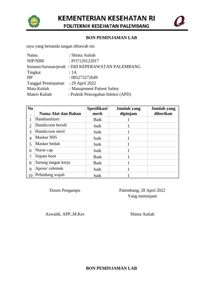 Bon Peminjaman Lab MPS | PDF