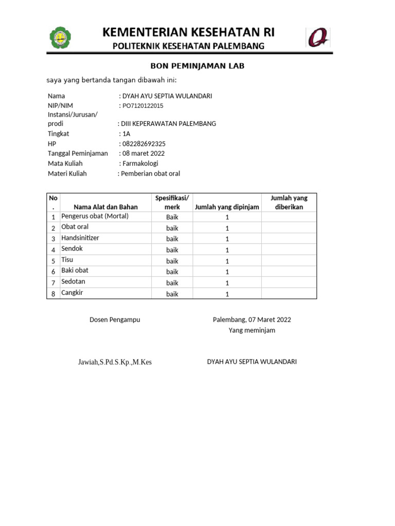 Bon Peminjaman Alat Lab Farmakologi | PDF