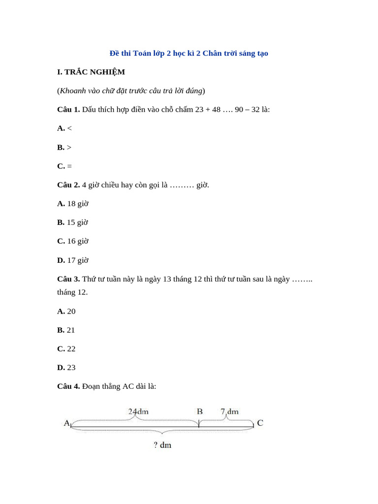 De Thi Hoc Ki 2 Lop 2 Mon Toan Sach Chan Troi Sang Tao de 3 | PDF