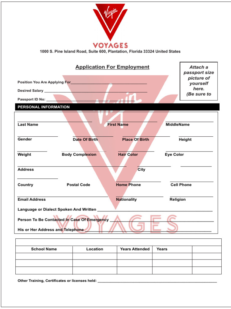 Virgin Voyages Application For Employment | PDF