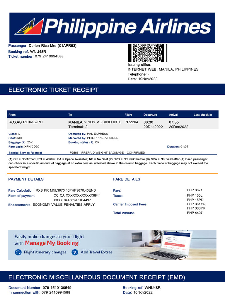 Electronic Ticket Receipt 20DEC for RICA DORION | PDF
