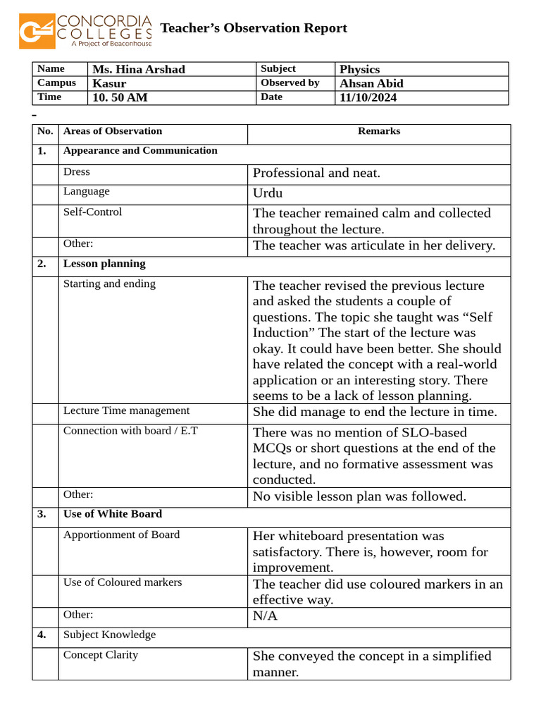 Observation Report (Kasur) (Physics) (Miss Hina) | PDF | Lecture | Teachers
