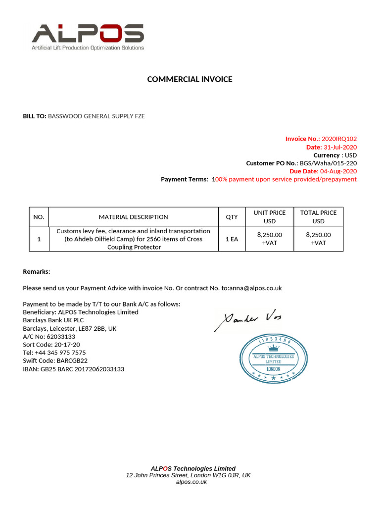 Commercial Invoice-basswood ALPOS Contact Custom Clearance ...
