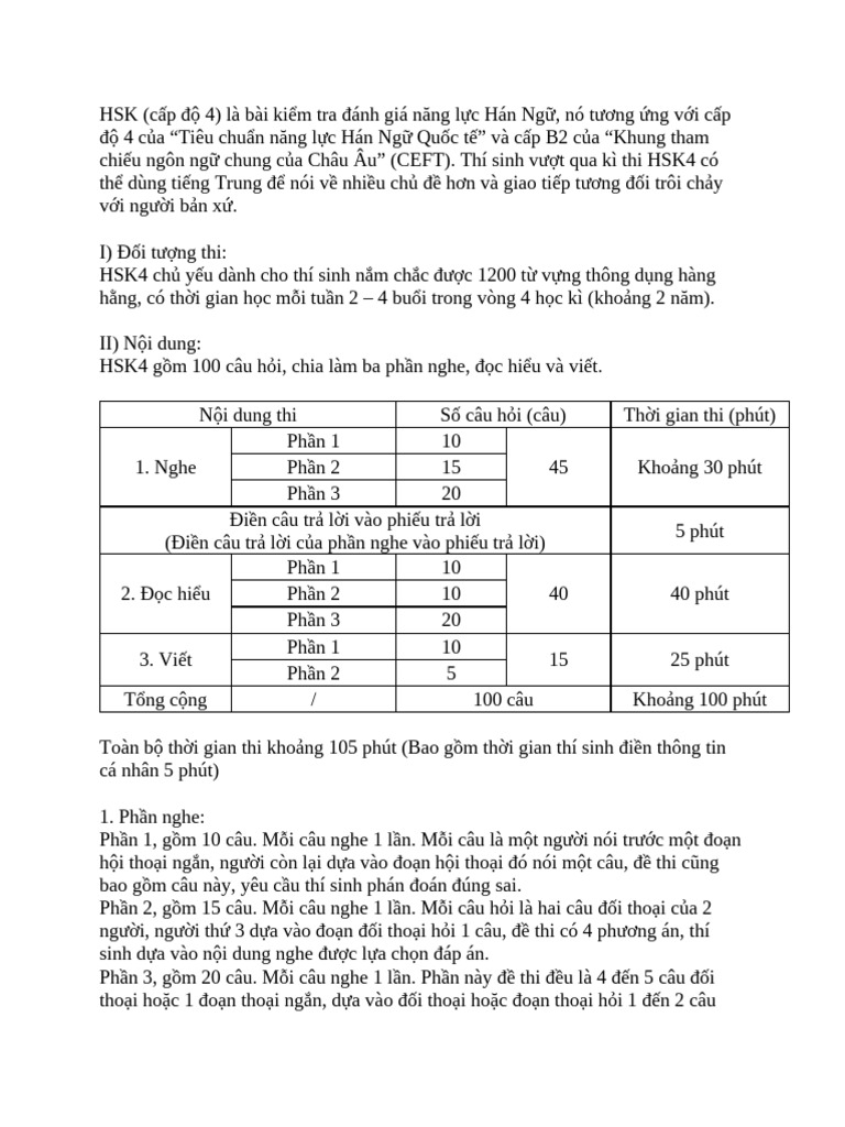 N I Dung Và Cách TH C Làm Bài Thi HSK4 | PDF
