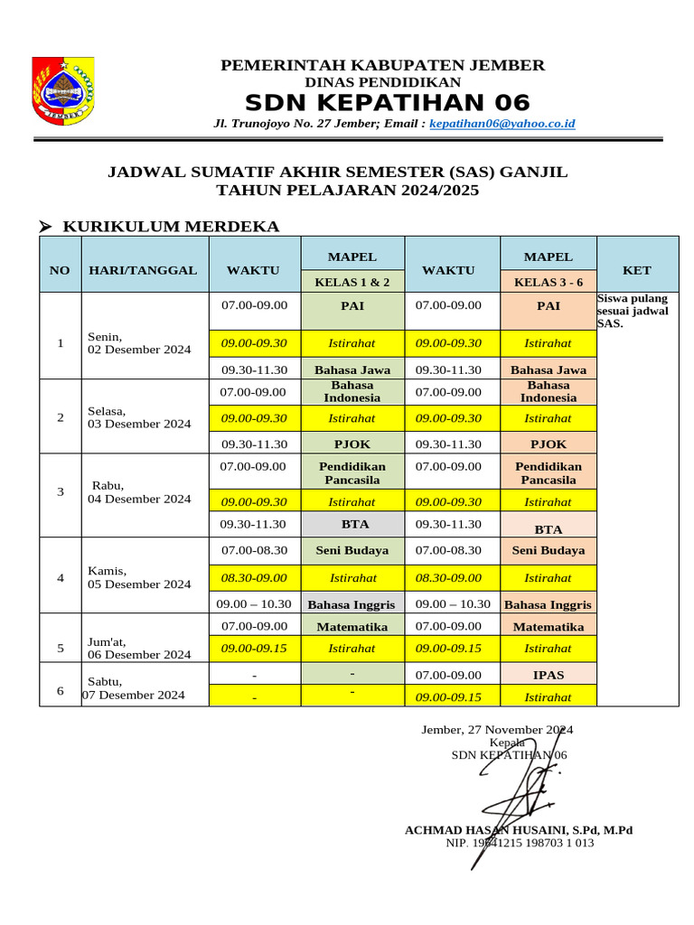Jadwal SAS Ganjil SDN Kepatihan 06 | PDF