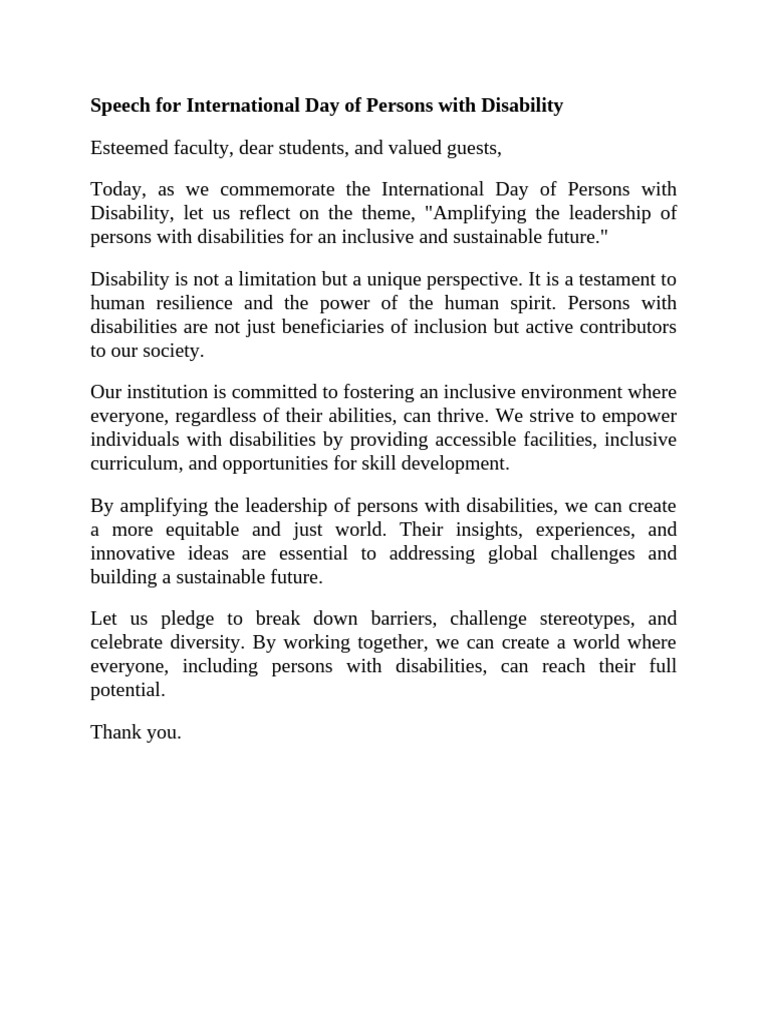 Speech For International Day of Persons With Disability | PDF