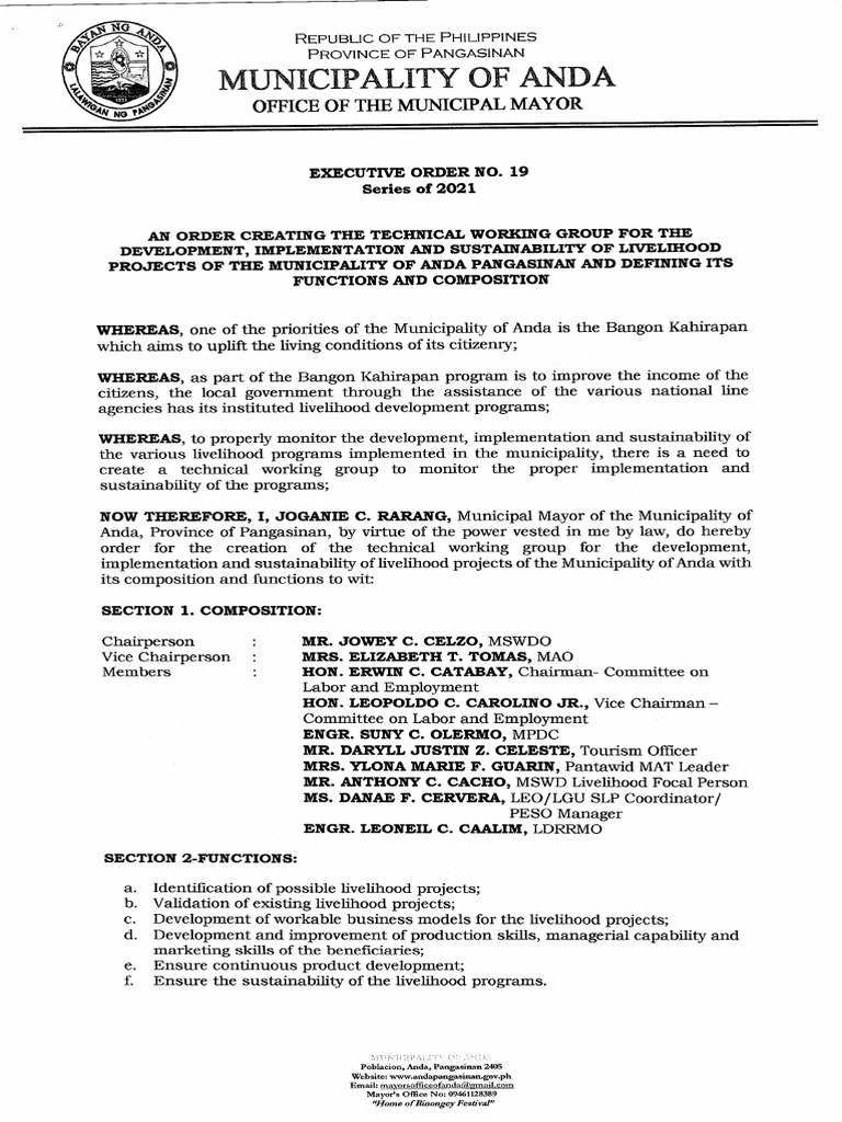 2021 Eo 0019 An Order Creating The TWG For The Development Implementation and Sustainability of ...