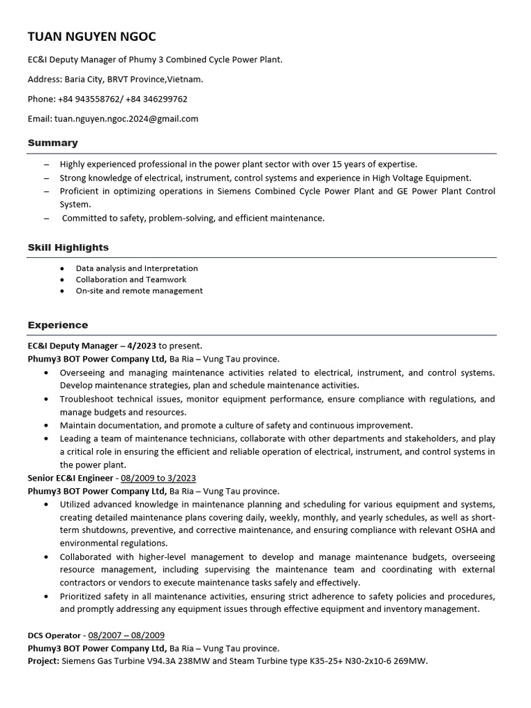 Nguyen Ngoc Tuan CV | PDF | Power Station | Electric Power