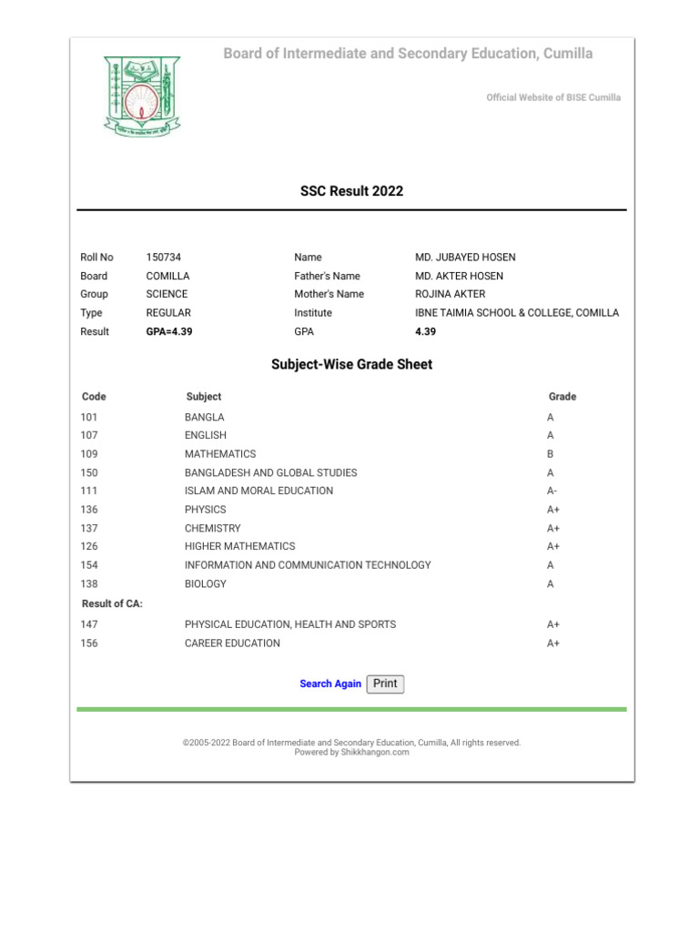 SSC Result 2022: Comilla Board | PDF | Educational Stages