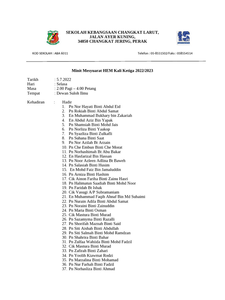 Minit Mesyuarat Hem Kali Kedua 2022 SKCL | PDF