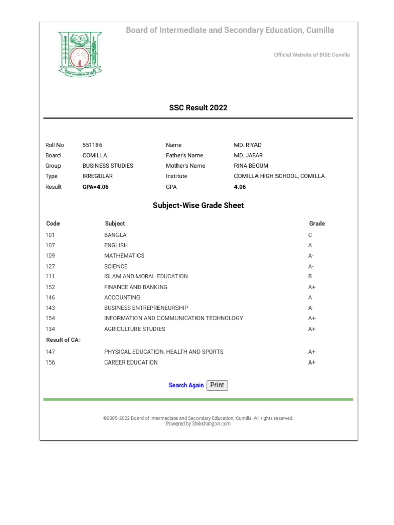 SSC Result BISE Cumilla | PDF