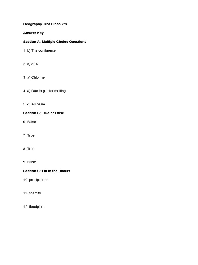 7th Grade Geography Test Answer Key | PDF