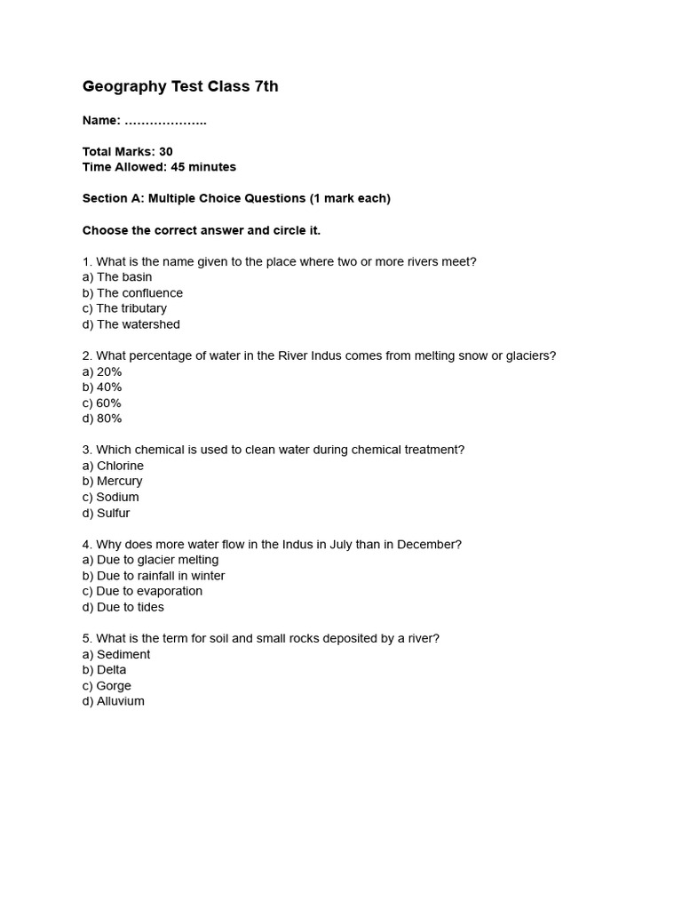 Geography Test Class 7th | PDF | Water | River