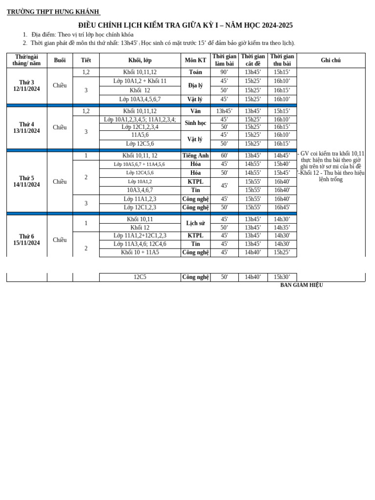Điều Chỉnh - Thông Báo Lịch Kiểm Tra Giữa HK1 NH 24-25 | PDF