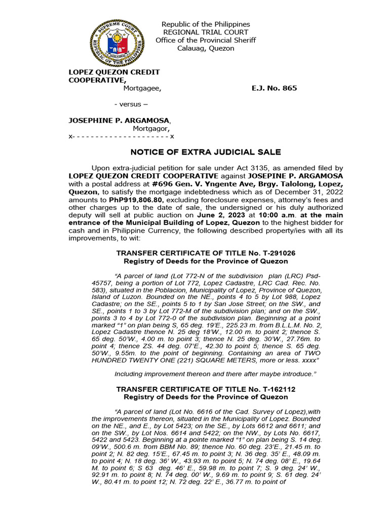 Notice of Extra Judicial Sale EJ865 | PDF | Mortgage Law | Foreclosure