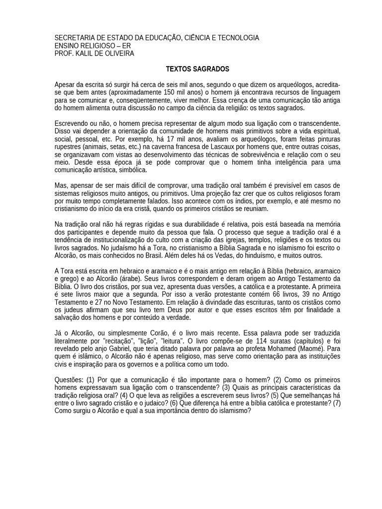 Ensino Religioso - Textos Sagrados | PDF | Bíblia | Alcorão