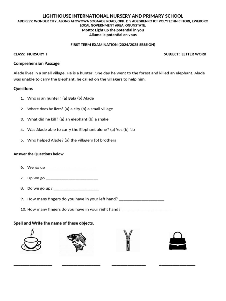 Nursery I First Term Exam Papers | PDF | Prayer