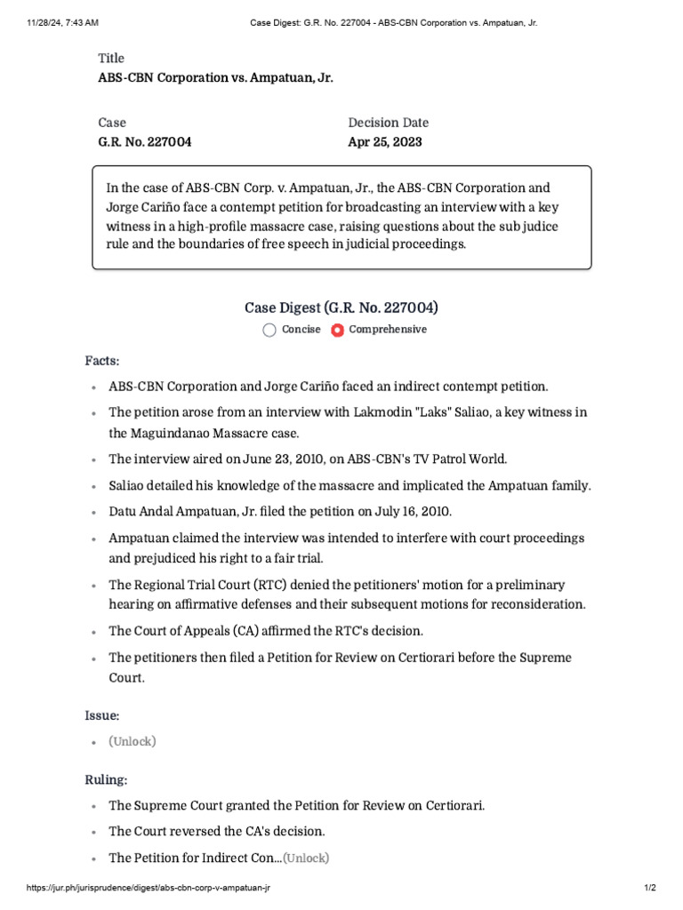 Case Digest - G.R. No. 227004 - ABS-CBN Corporation vs. Ampatuan, JR ...