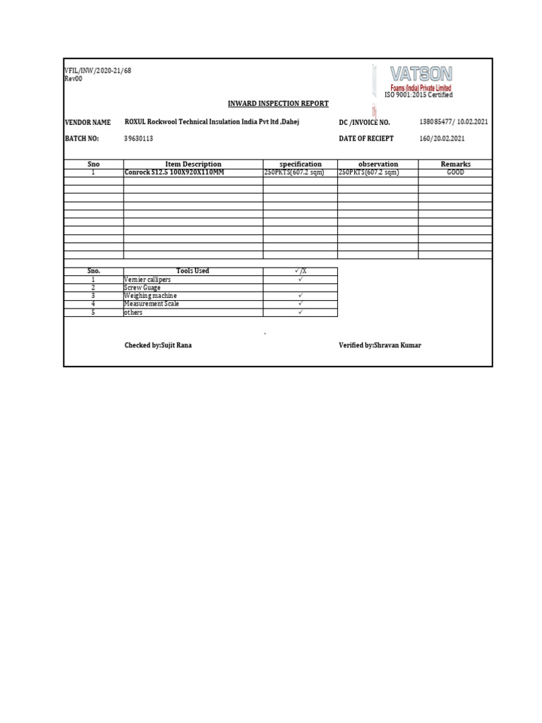 Rockwool Lamella Inward Inspection Report | PDF
