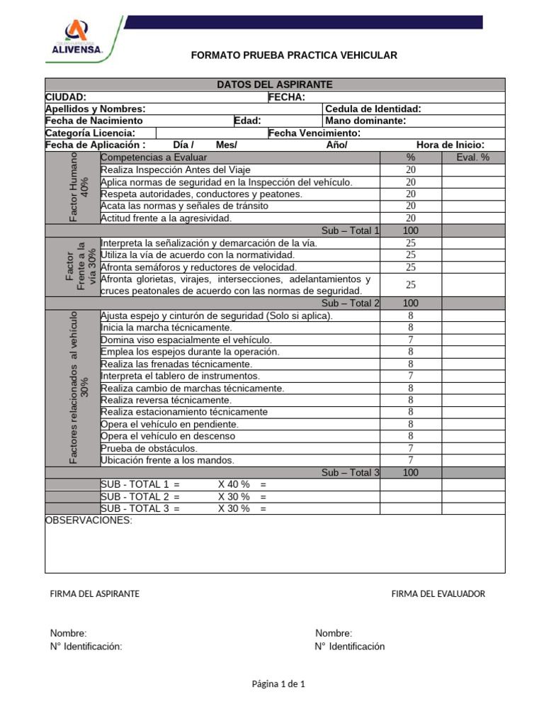 Formato Prueba Practica Vehicular | PDF | Tráfico | Vehículos