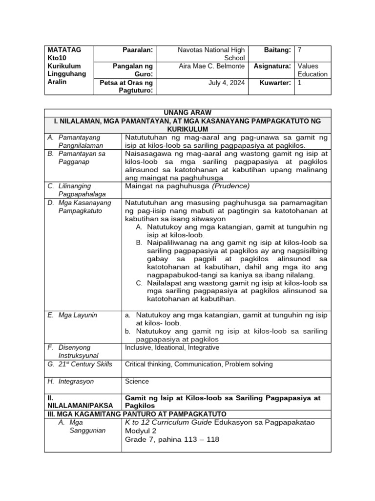 MATATAG Kto10 Kurikulum Belmonte LP DEMO | PDF