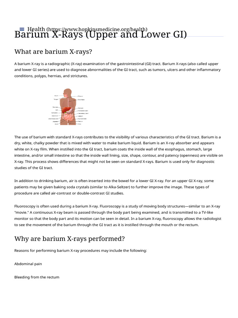 Barium X-Rays (Upper and Lower GI) Johns Hopkins Medicine | PDF ...