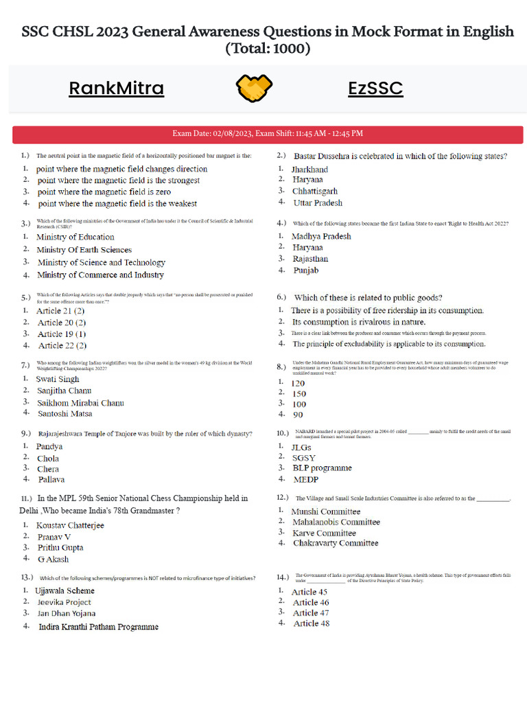 SSC CHSL 2023 General Awareness Questions in Mock Format in English | PDF