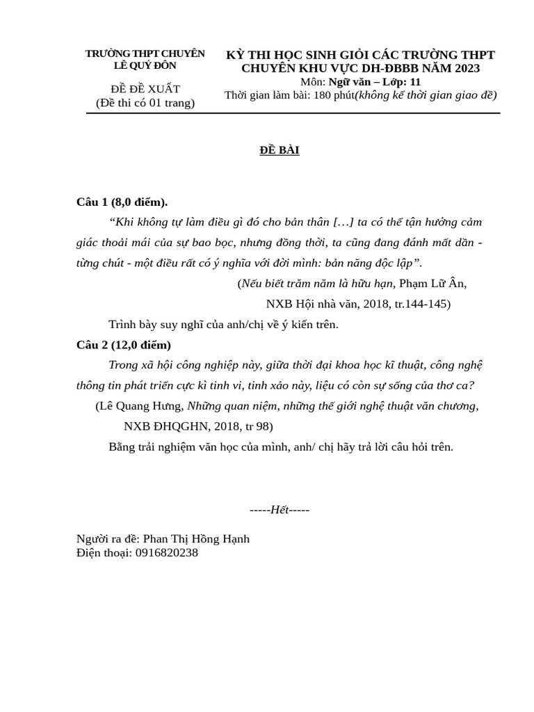 De de Xuat DHBB 2023-Mon Ngu Van 11 | PDF