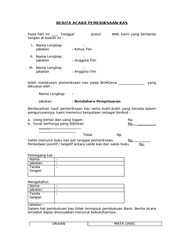 Berita Acara Pemeriksaan Kas Bumdesa | PDF