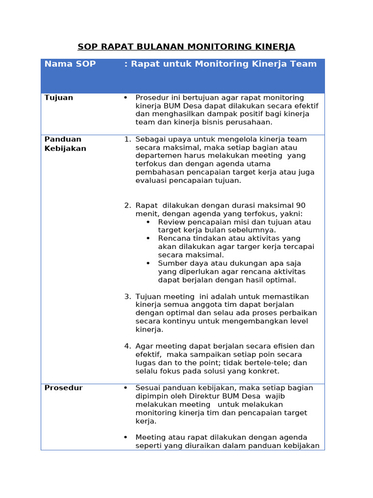 1. SOP Rapat Bulanan Monitoring Kinerja | PDF