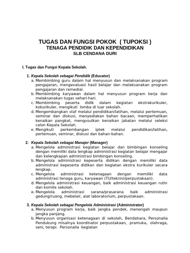 Tugas dan Fungsi Kepala Sekolah SLB Cendana Duri | PDF