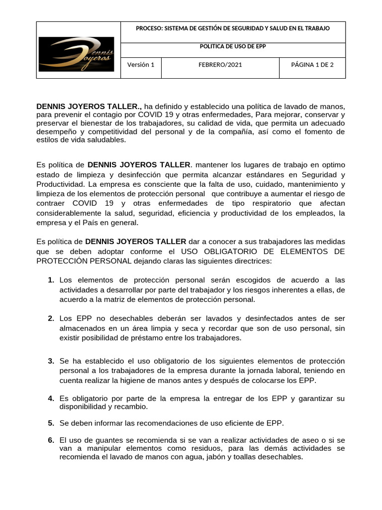Política de Uso de EPP en el Trabajo | PDF | Lavado de manos | Business