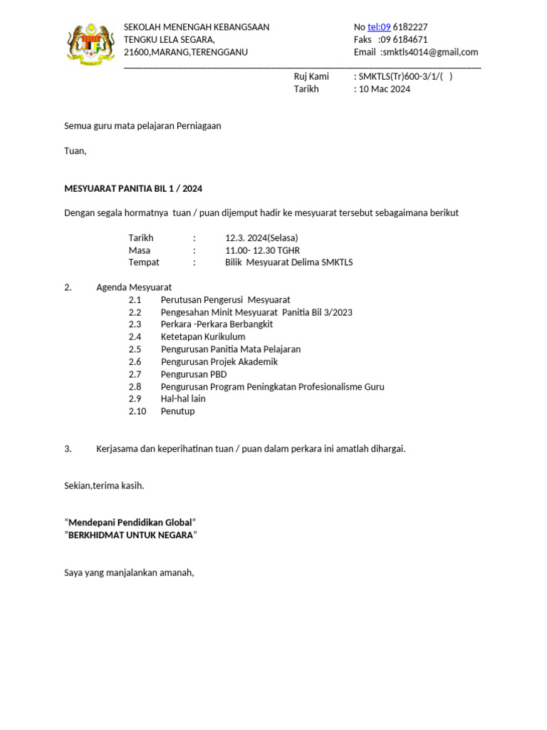 Surat Panggilan Mesyuarat Panitia Kali Pertama 2024 | PDF