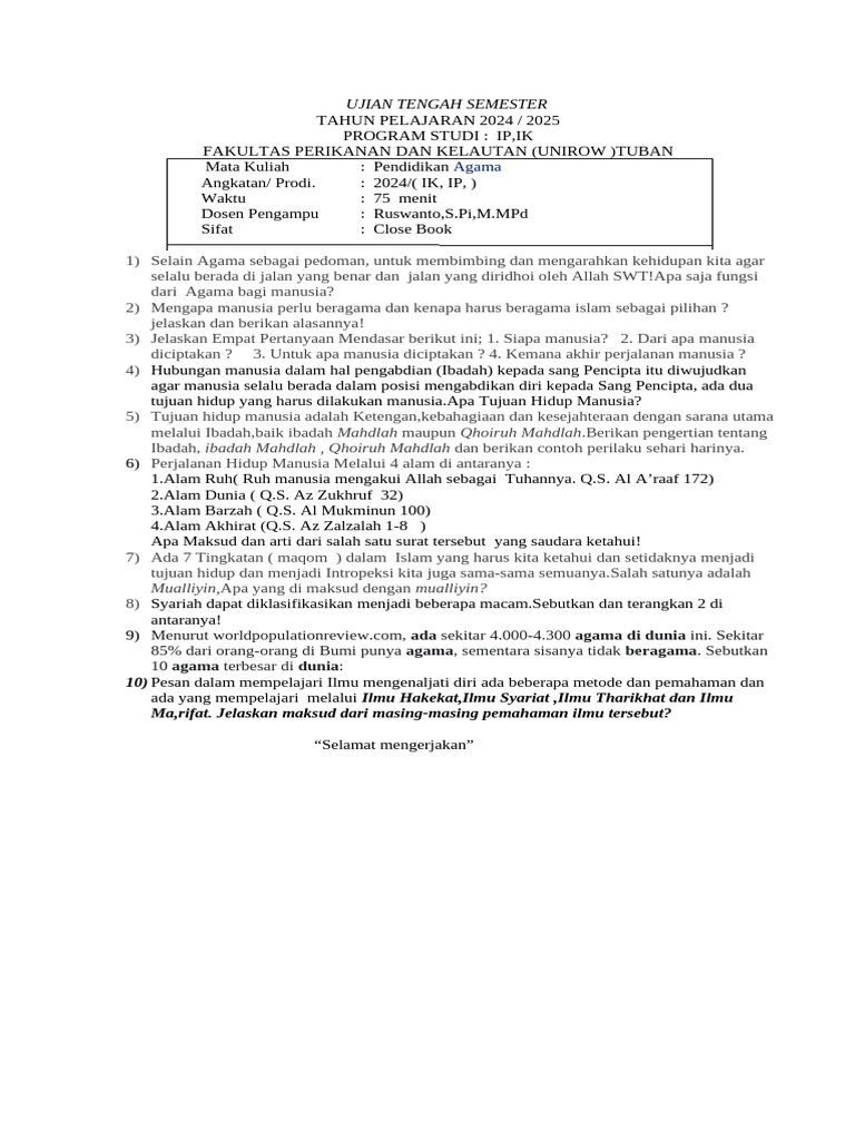 Soal Mit Semester P.Agama IP,IK 2024 | PDF
