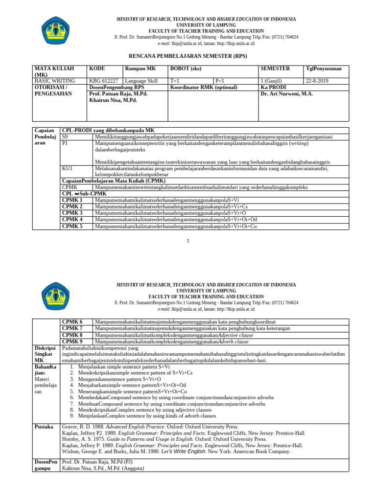 Basic Writing Course Syllabus RPS | PDF | Sentence (Linguistics) | Adverb