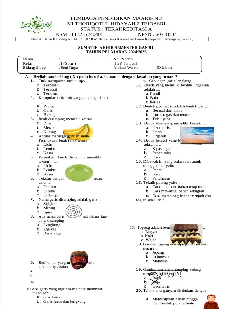 Soal Sas Seni Rupa Kelas 1 | PDF