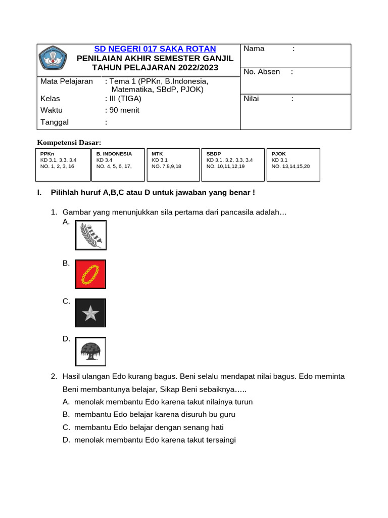 SOAL & Jawaban PAS KELAS 3 TEMA 1 Ver. 2 - WEBSITE WWW - Kherysuryawan.id | PDF