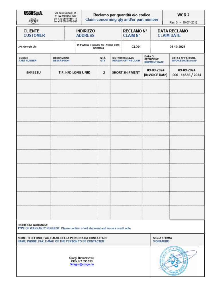 Short Shipment Claim CL001 | PDF