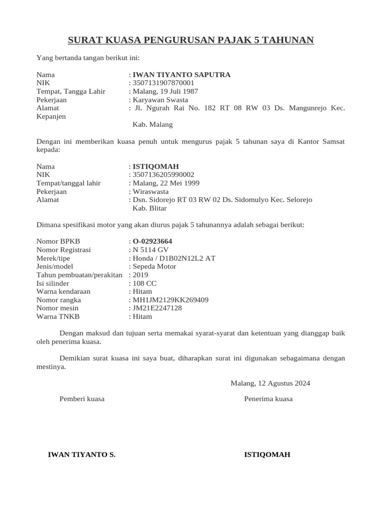 Surat Kuasa Pajak 5 Tahunan Motor | PDF