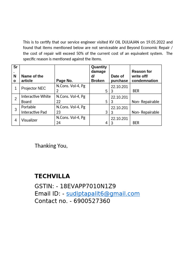 List of The Unserviceable Articles For Condemenation | PDF