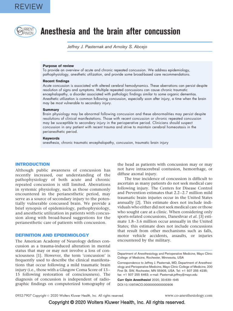 Anesthesia and the Brain After Concussion.5 | PDF | Concussion ...