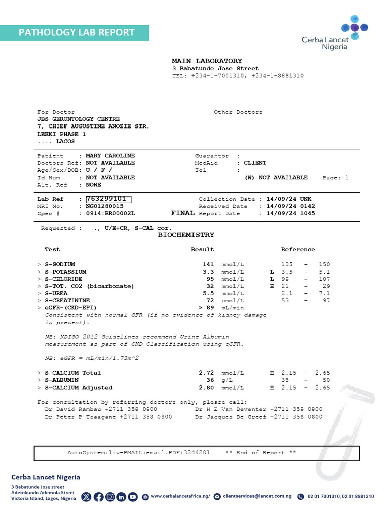 Pathology Lab Report: Main Laboratory | PDF | Kidney | Hematology