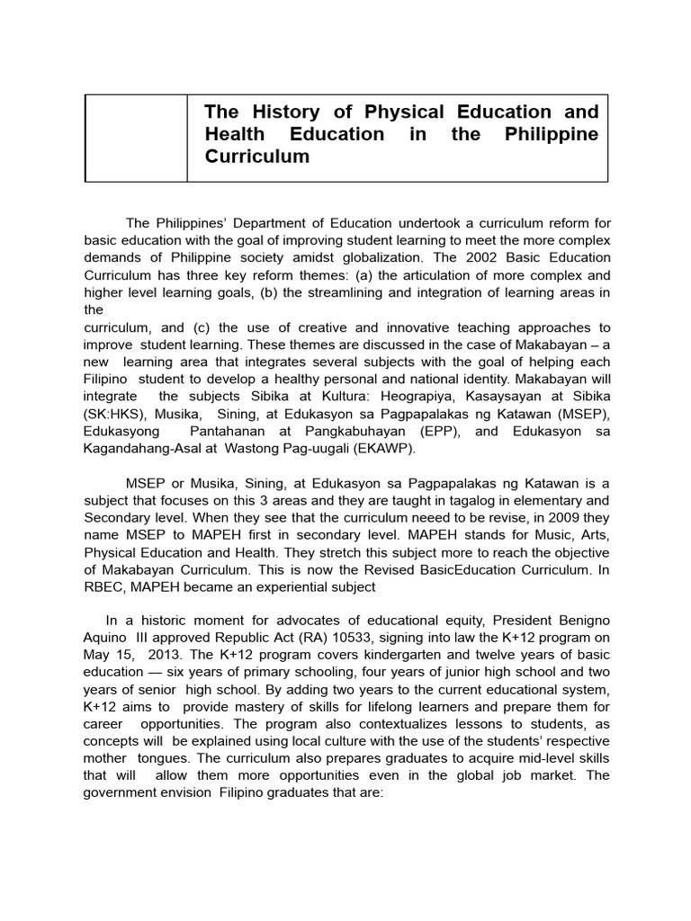 History of PE and Health Education | PDF | Physical Education | Curriculum