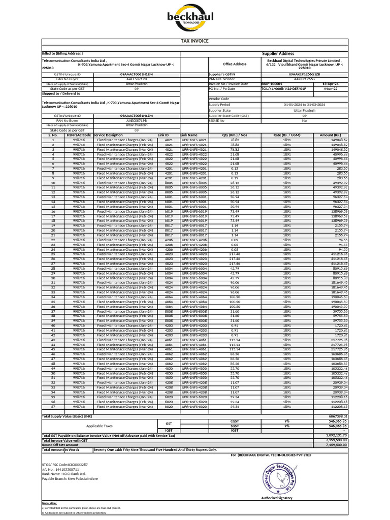 Beckhaul Billing Invoice 2024-25 Updated | PDF | Value Added Tax | Invoice