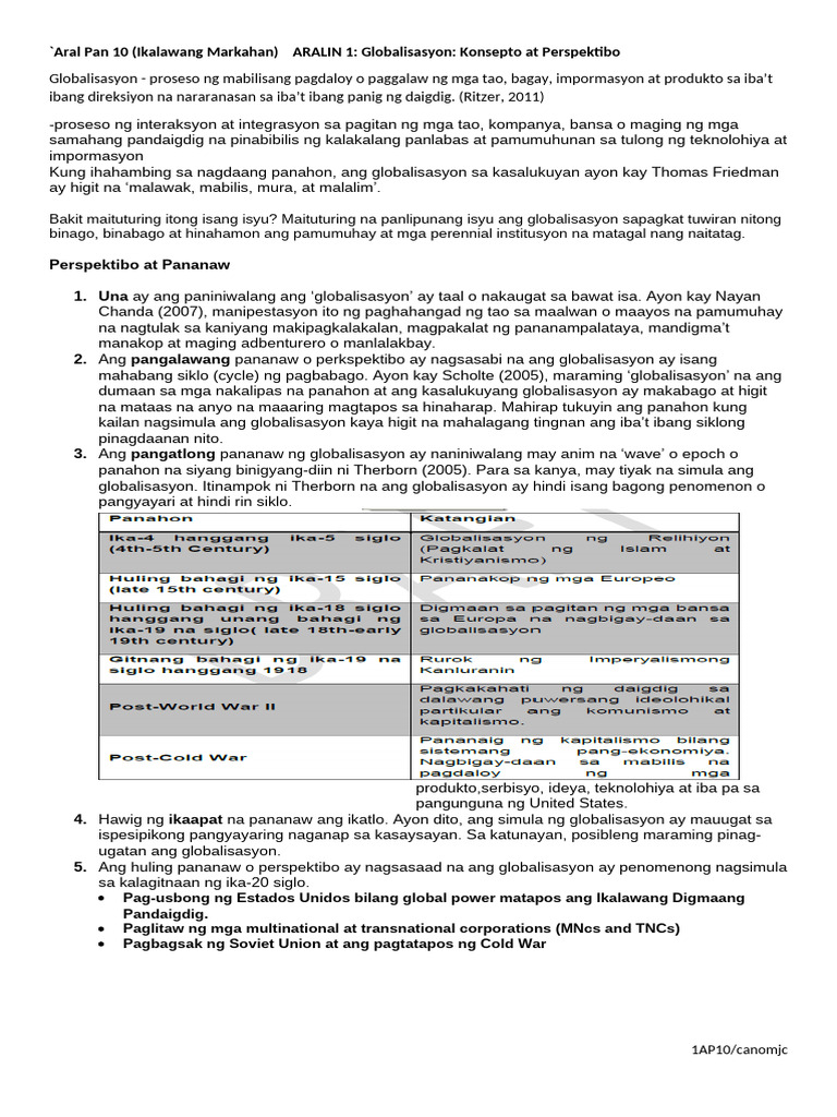ARALING PANLIPUNAN G10 Q2 HANDOUTS | PDF