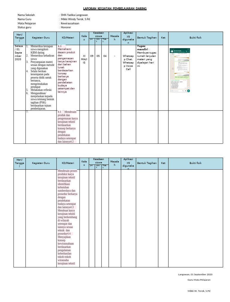 01 September 2020 XI MIA KEWIRAUSAHAAN ONLINE LEARNING REPORT | PDF