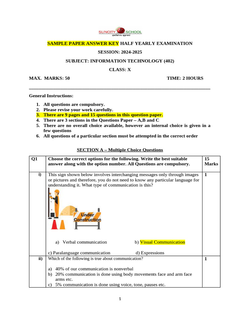 SAMPLE PAPER_IT402_AnswerKey_GradeX_HalfYearlyExamination_24_25 | PDF | Spreadsheet | Communication