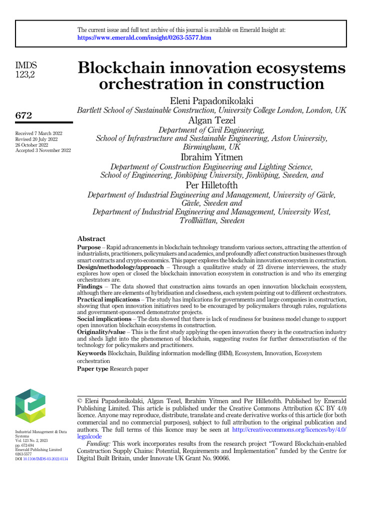Blockchain Innovation Ecosystems Orchestration in Construction | PDF ...